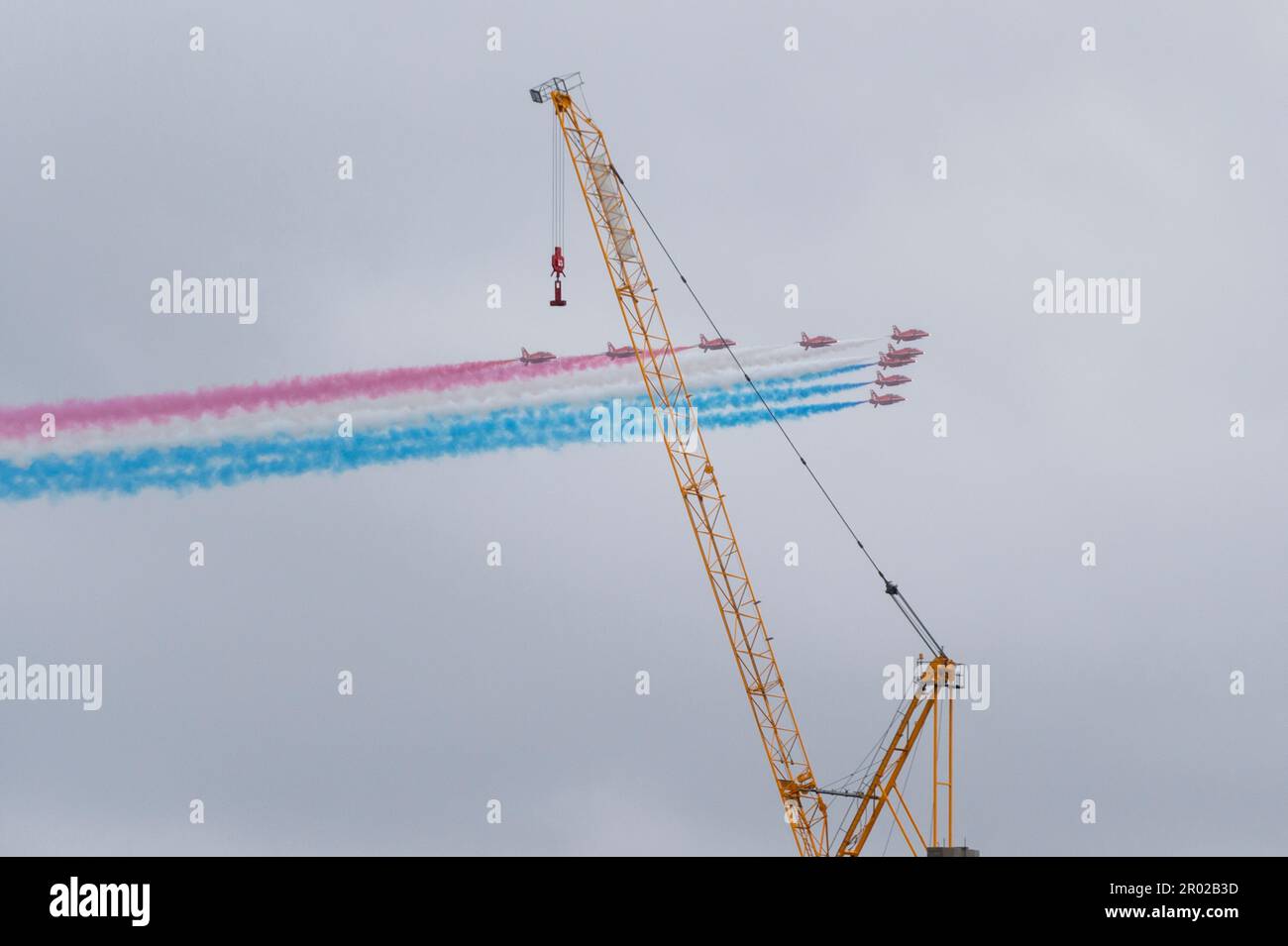 London, UK. 6 May 2023. The Red Arrows pass by in a flypast over ...