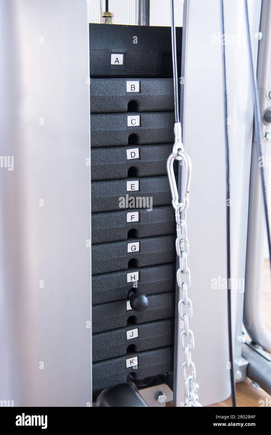 gym weight machine. Amount of weight on lifting machine Stock Photo - Alamy