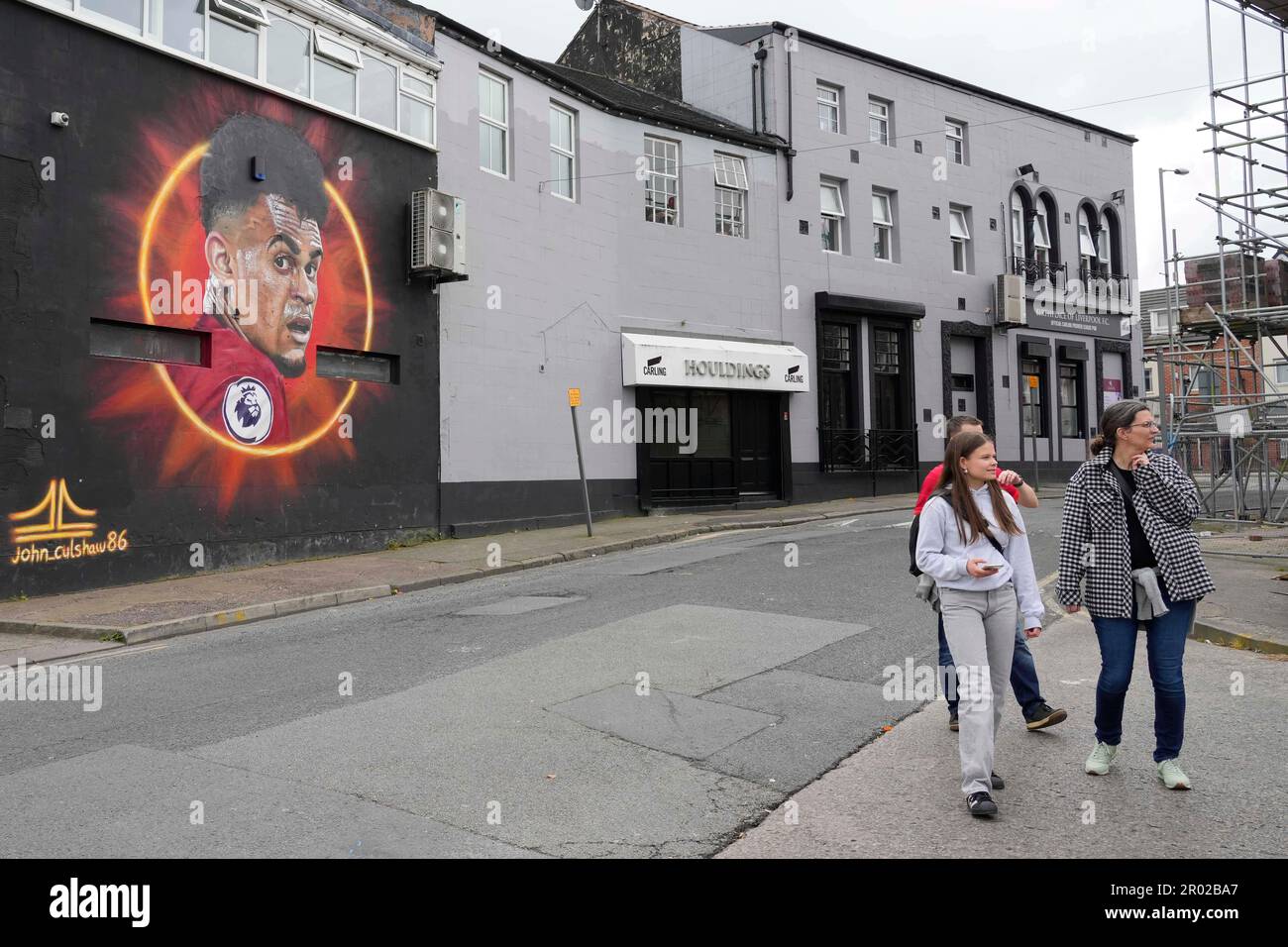 A mural of Liverpool player Luis Diaz on a wall near the stadium before ...
