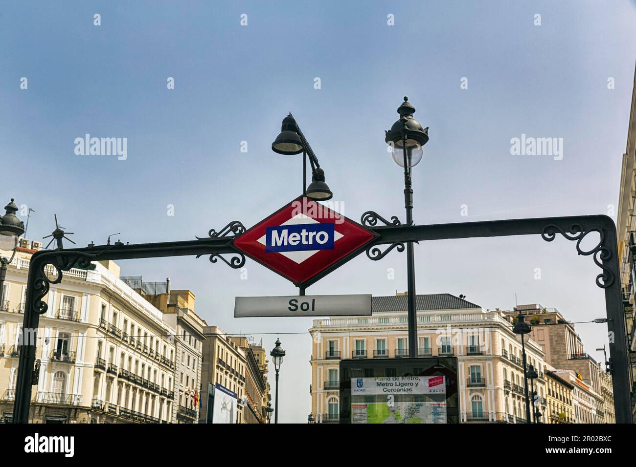 Sol metro station, signs and streetlights, Plaza Puerta del Sol, Madrid ...