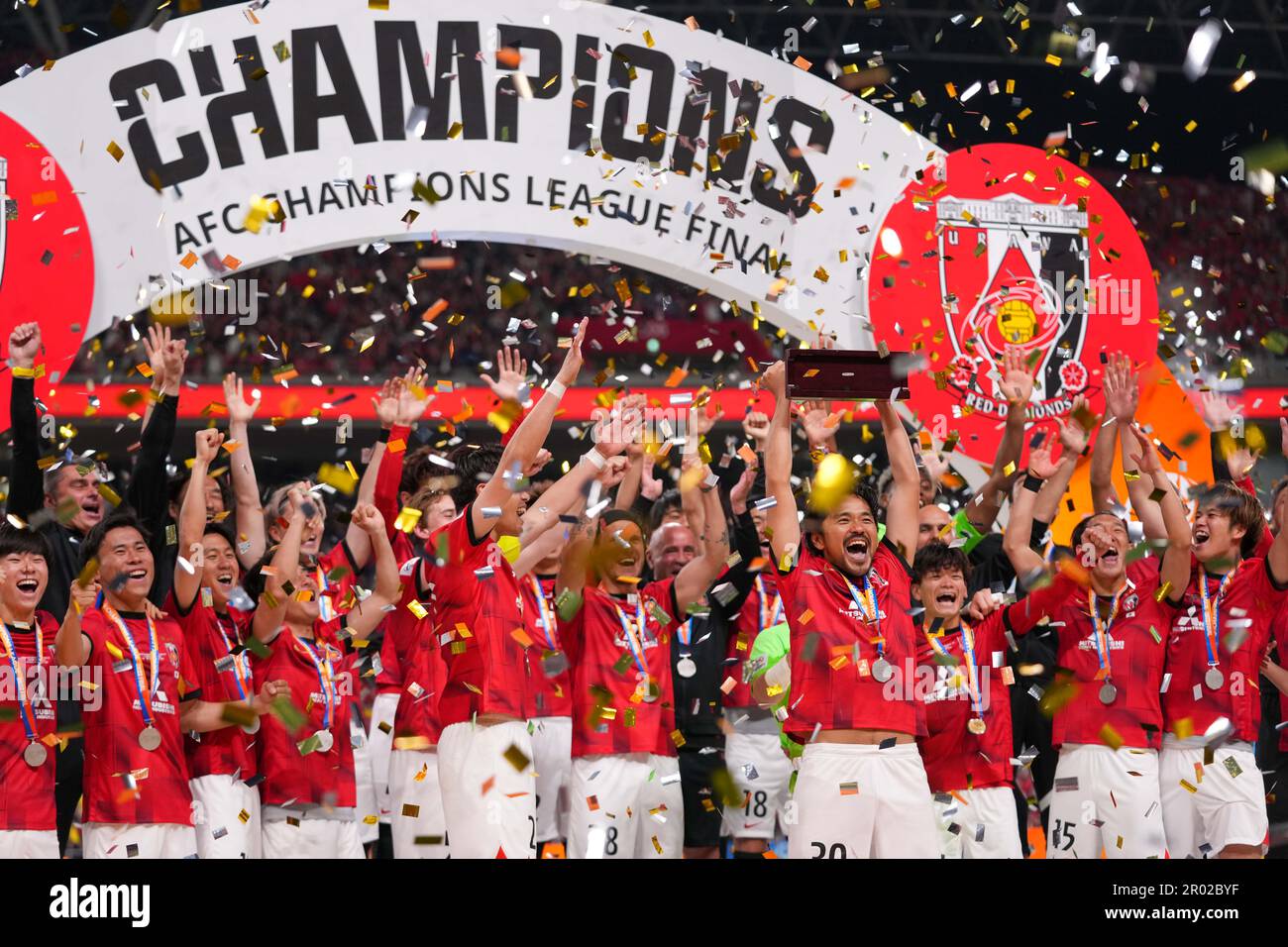 Saitama. 6th May, 2023. Members of Urawa Reds pose on the podium after ...