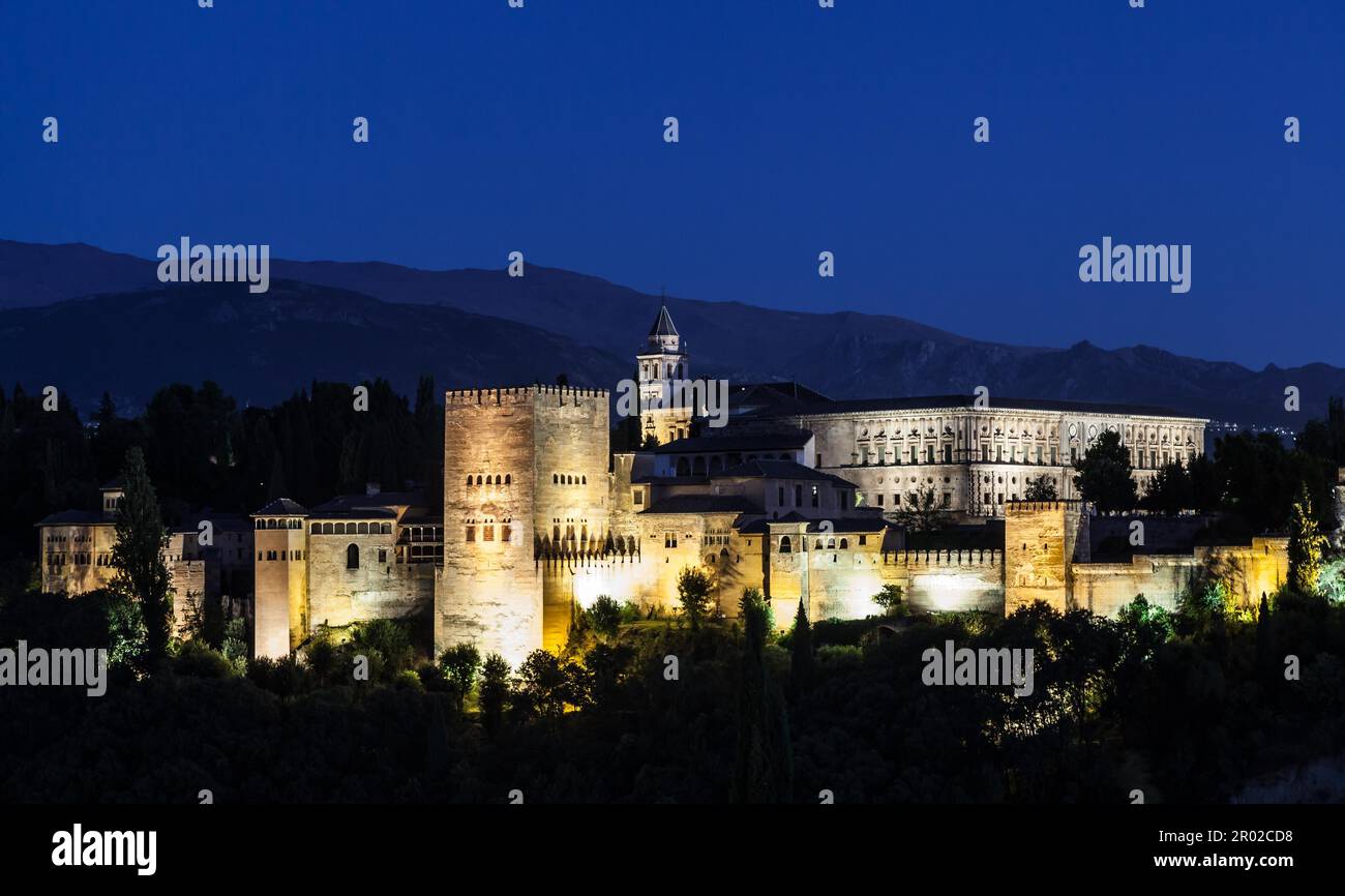 Spain, Granada. The famous Alhambra Royal Palace by night from the best ...