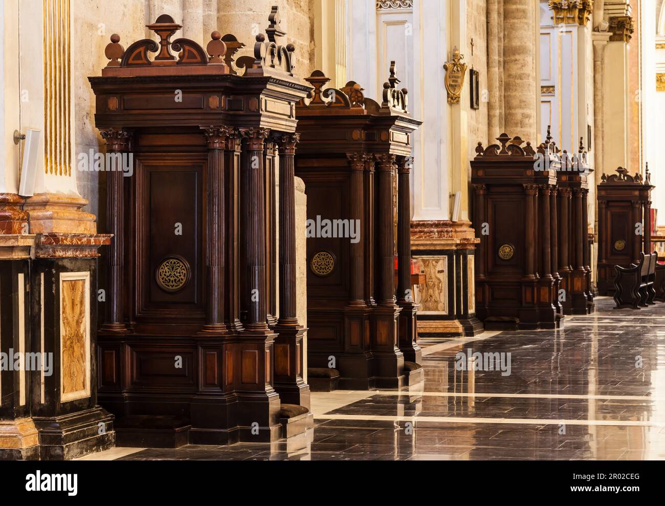 Interior of catholic church: confessional detail, 150 years old, made ...