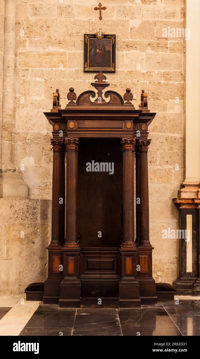 Interior of catholic church: confessional detail, 150 years old, made ...
