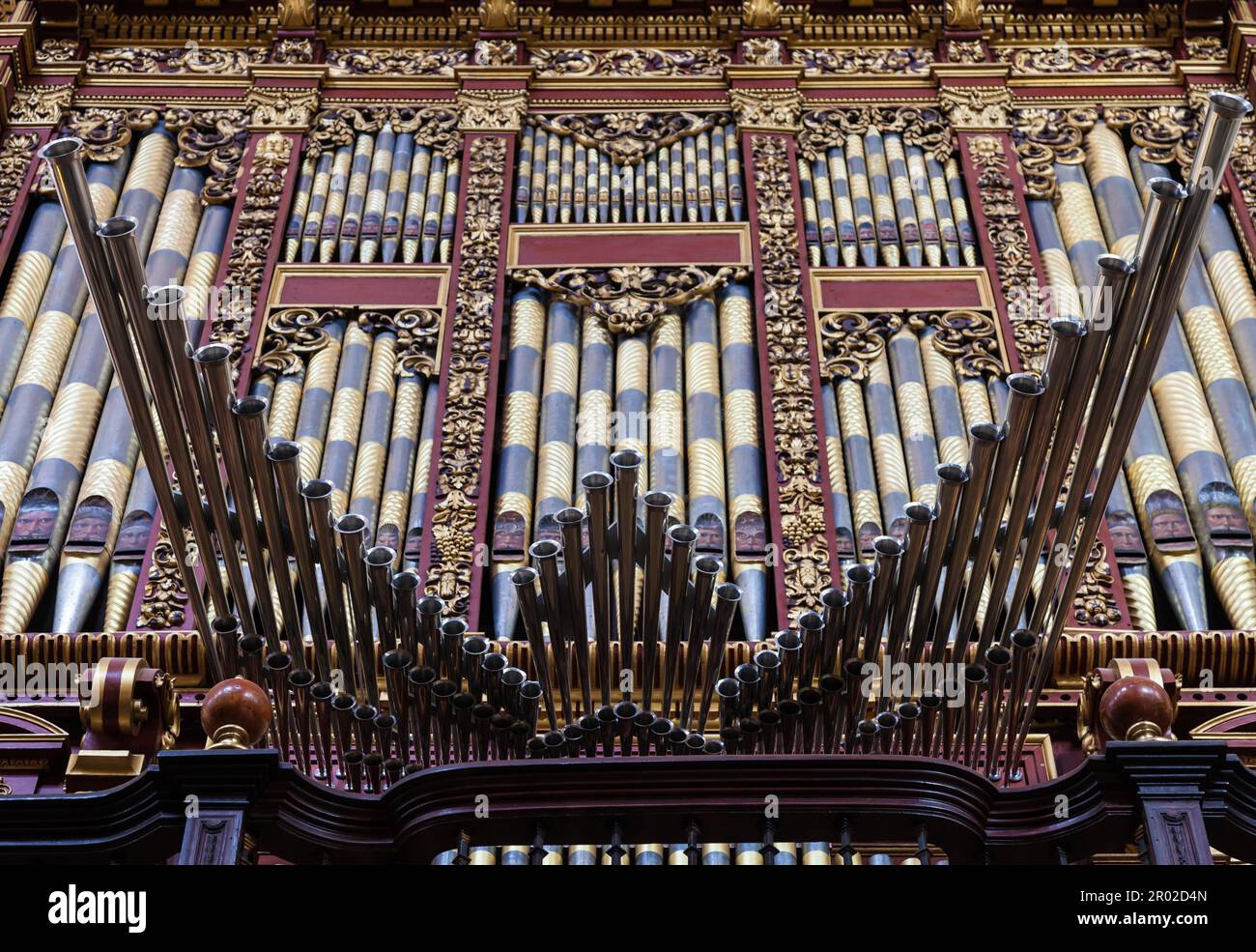 Detail of a 2 century old organ in a Spanish Catholic Church Stock ...