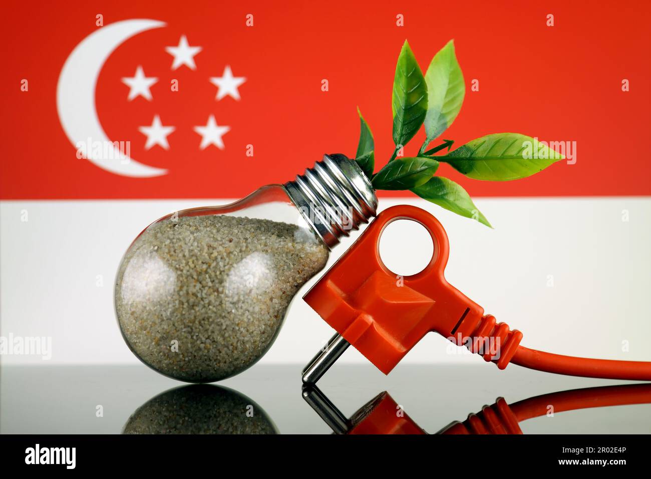 Plug, plant growing inside the light bulb and Singapore Flag. Green eco ...