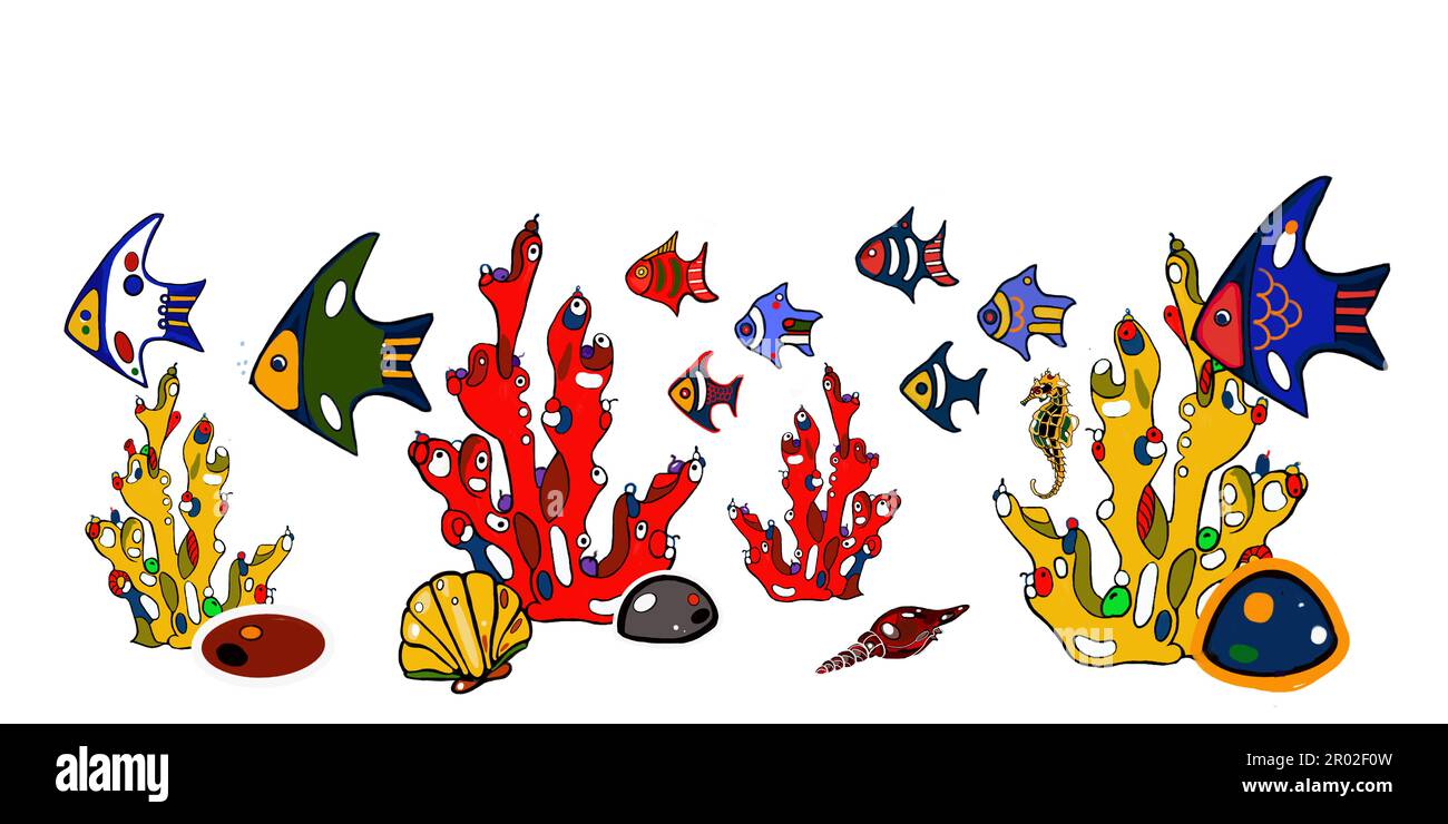 frame sea creatures, marine set, fish, coral, shell, pearl on a white ...