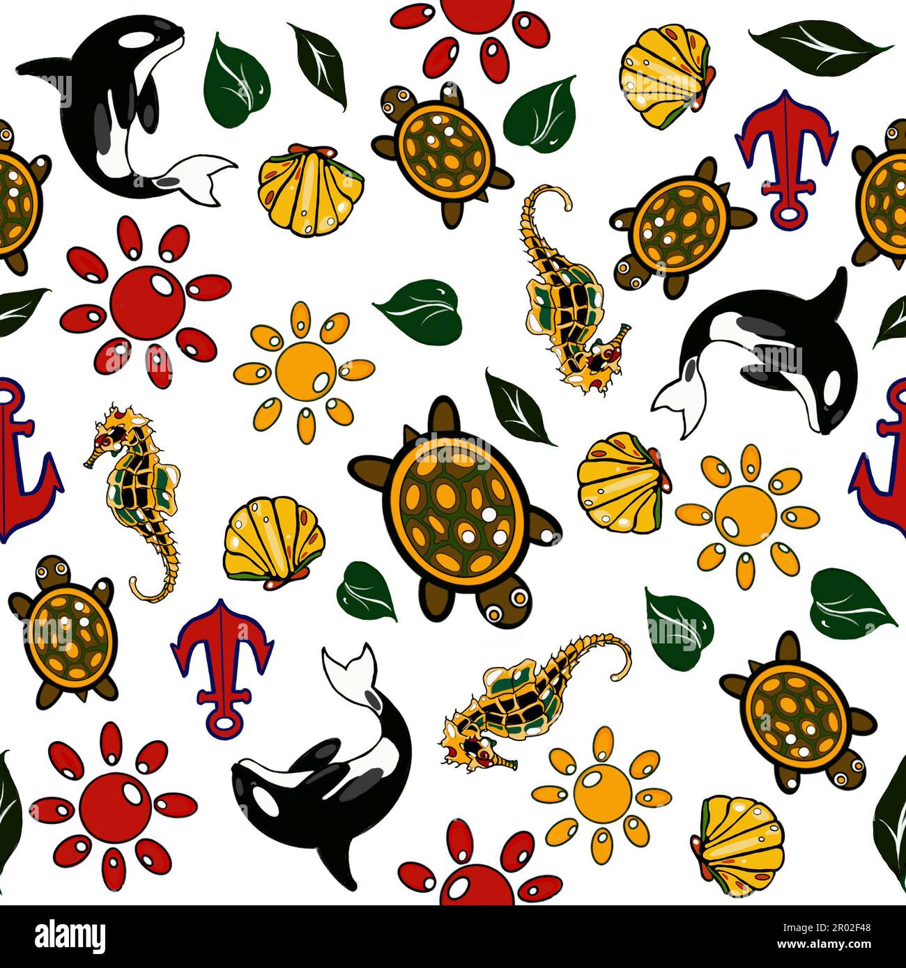 pattern sea set, whale, fish, shell, anchor, turtle, pearl on a white ...