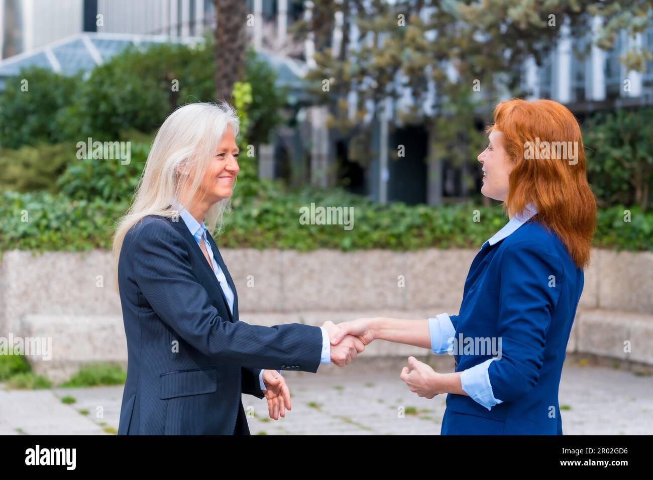 Executive Women Greeting Each Other in a Commercial Building Area Stock ...