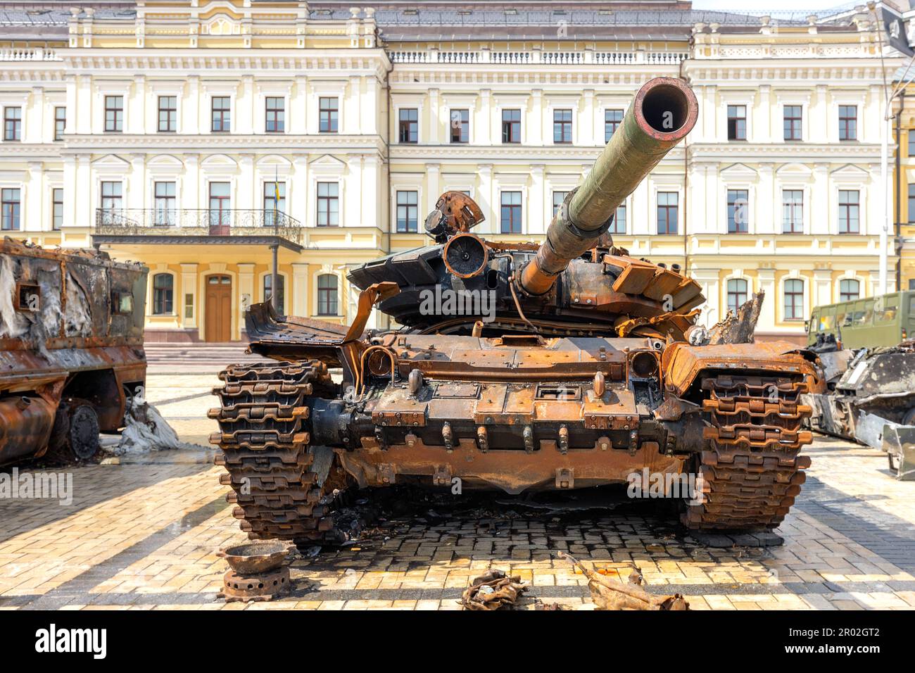 Rusty Russian tank on display of Russian military equipment destroyed ...