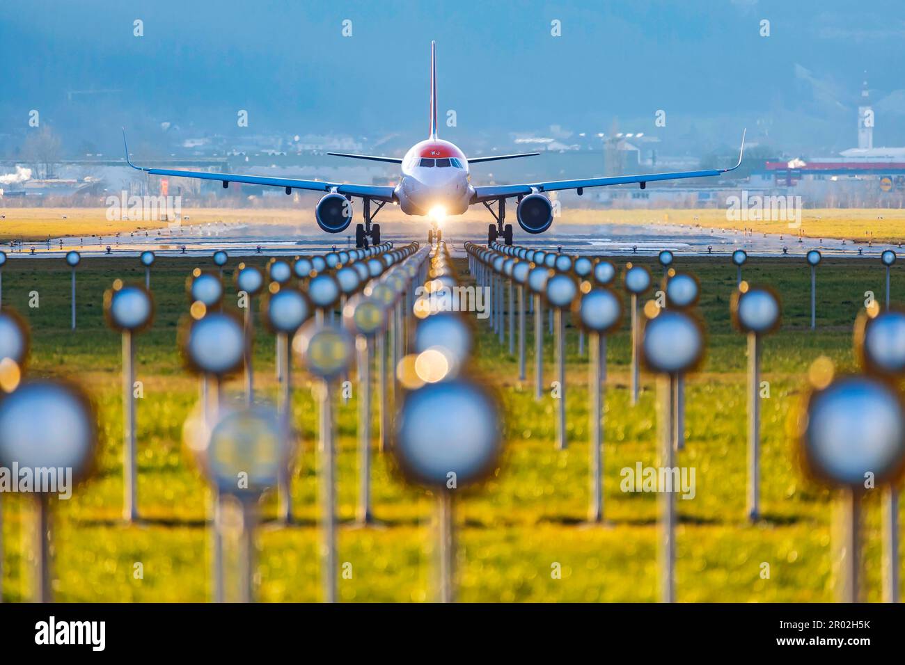Aircraft on the tarmac, airfield lighting, easyJet, Airbus A320-200 ...