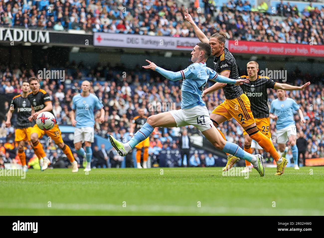 Phil Foden #47 of Manchester City fails to connect to a cross during ...