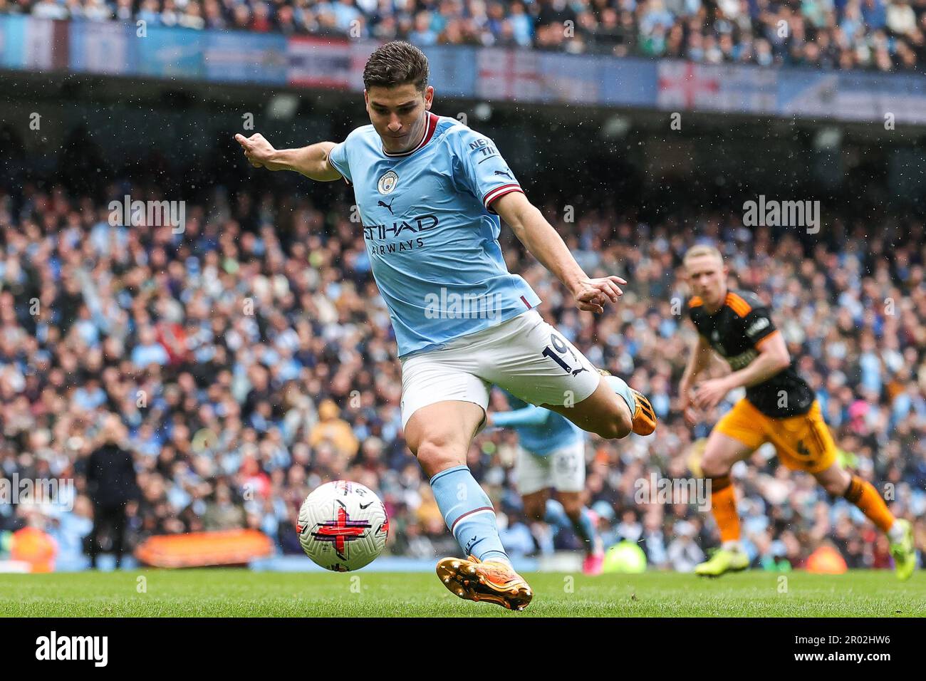 Julián Álvarez #19 of Manchester City shoots on goal during the Premier ...