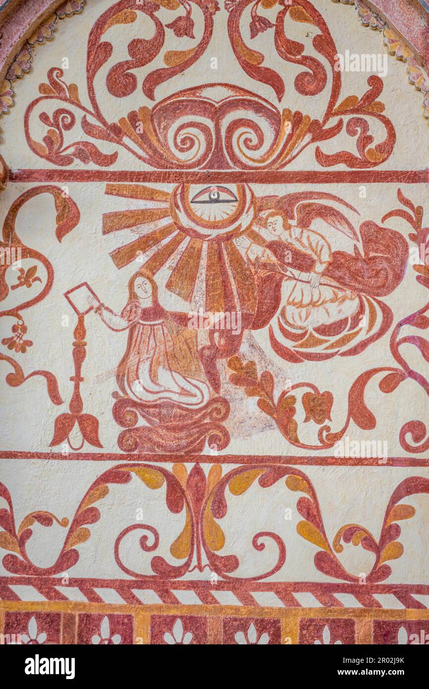 Painted fron portal, San Rafael de Velasco mission, Unesco site Jesuit ...