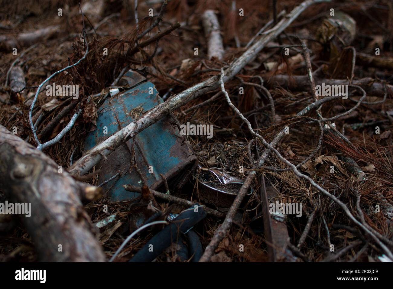 A pile of junk lying on the ground in the woods Stock Photo - Alamy