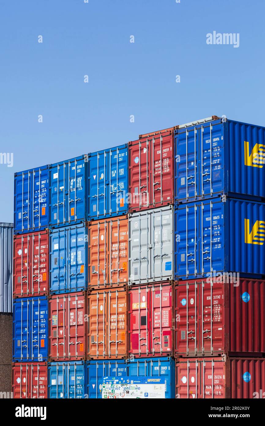 Stacked colourful freight containers at the container terminal in Holz ...