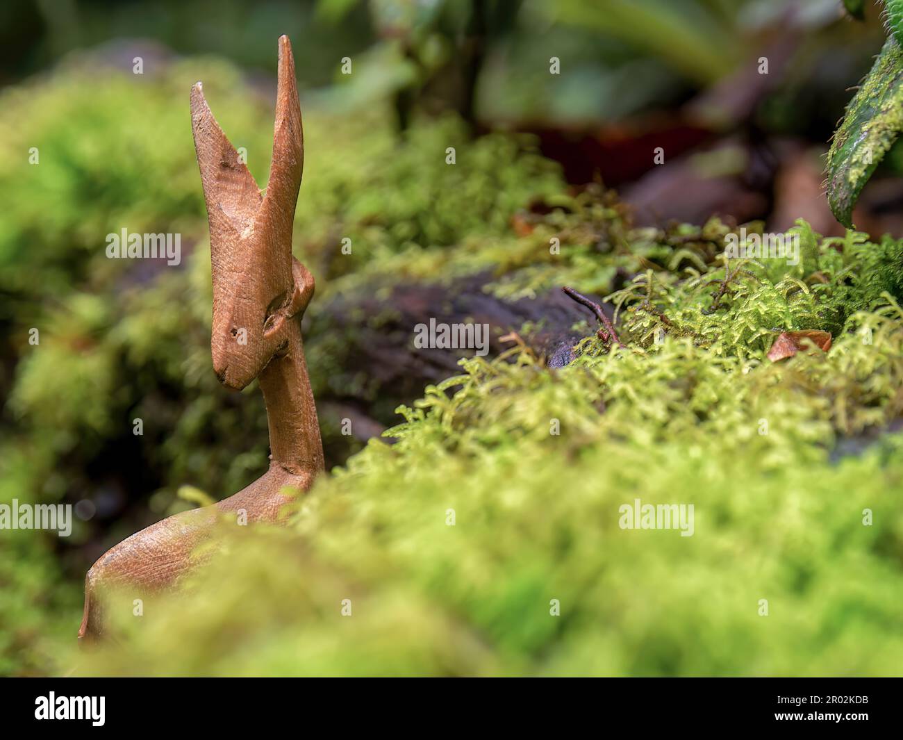 Close-up photography of a handcrafted wooden animal figurine behind ...