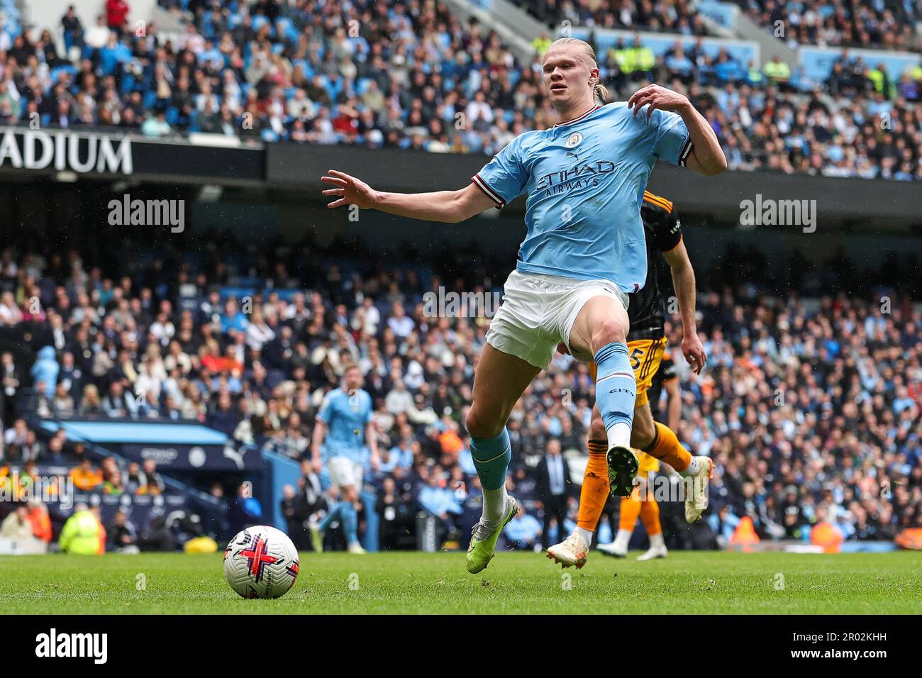 Erling Håland #9 of Manchester City fails to connect with a cross ...