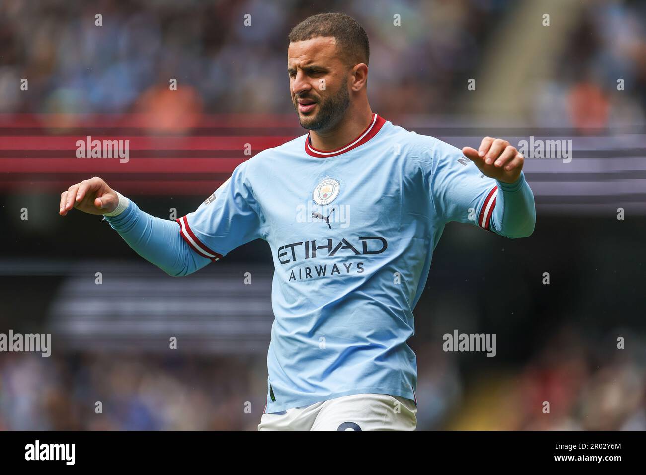 Kyle Walker #2 of Manchester City stretches during the Premier League ...