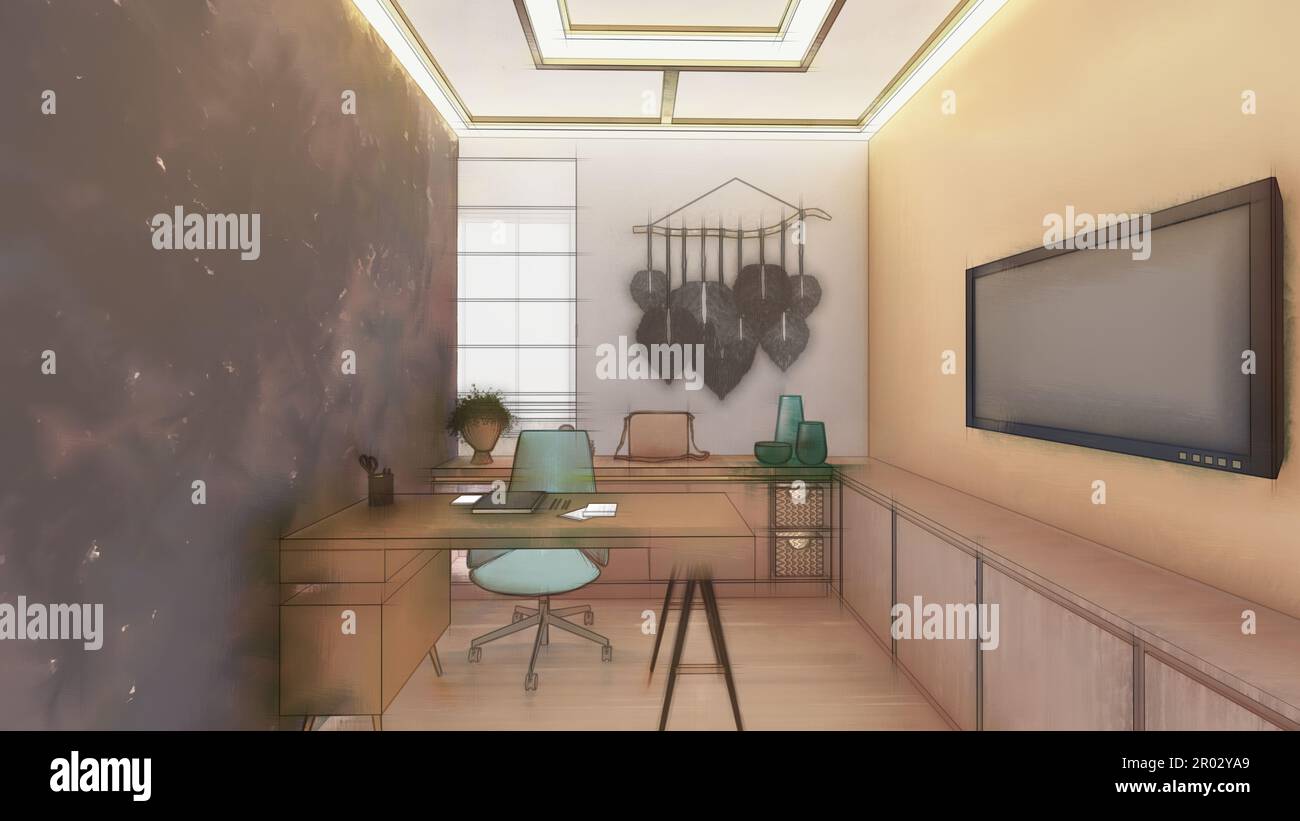 Watercolor sketch of a study room interior with television and ...