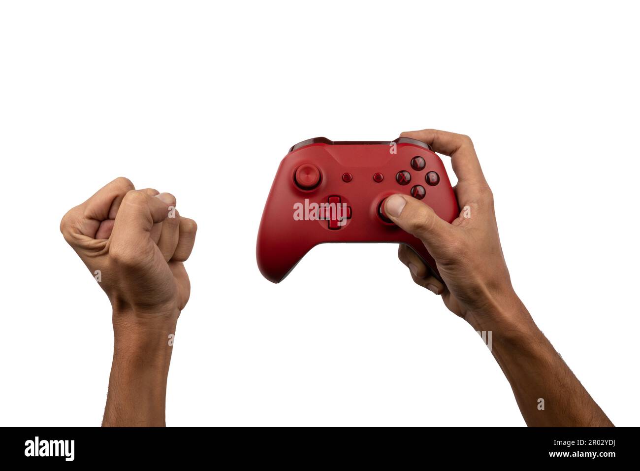 Male hand holding a red game controller isolated on white background ...