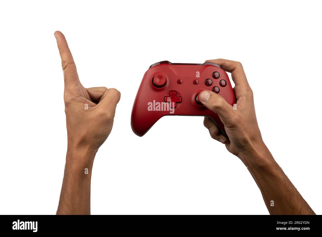 Male hand holding a red game controller isolated on white background ...