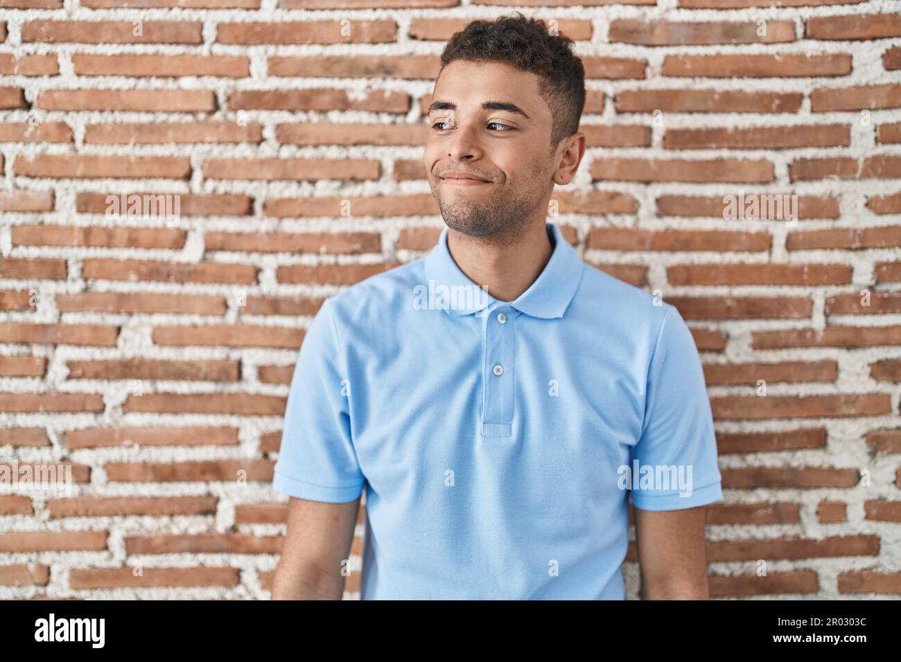 Brazilian young man standing over brick wall smiling looking to the ...
