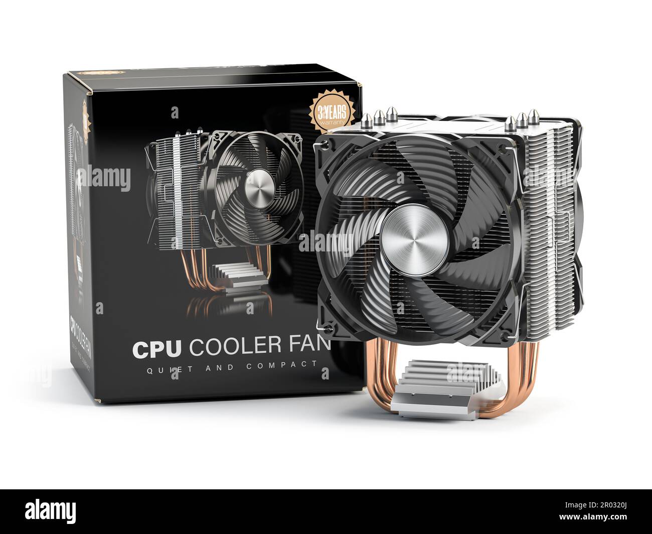 CPU cooler with heatpipes and packing box isolated on white background ...