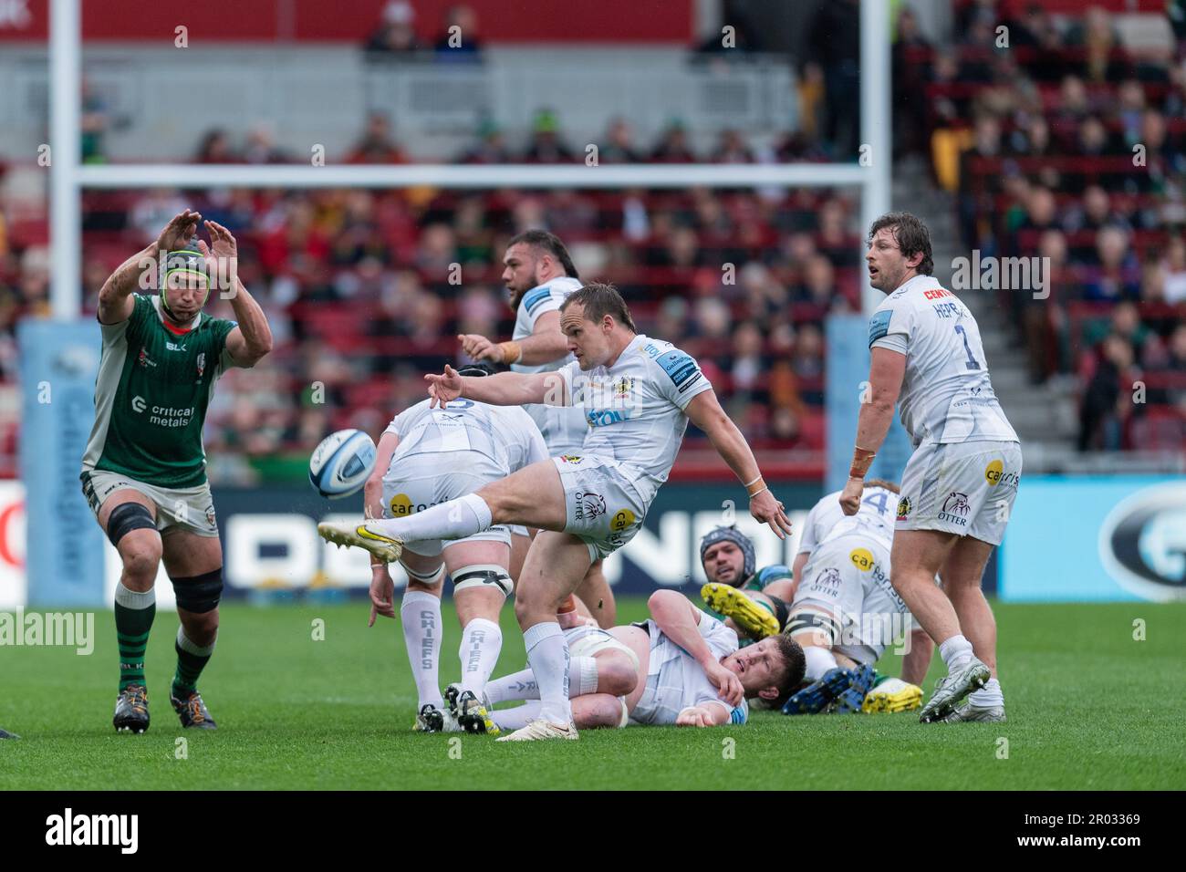 Stu Townsend of Exeter Chiefs plays a box kick during the Gallagher ...