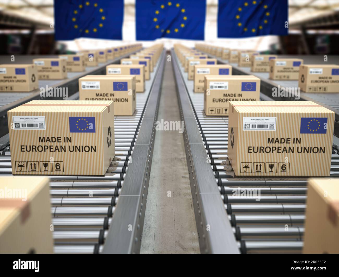 Made in European Union. Cardboard boxes with text made in European ...