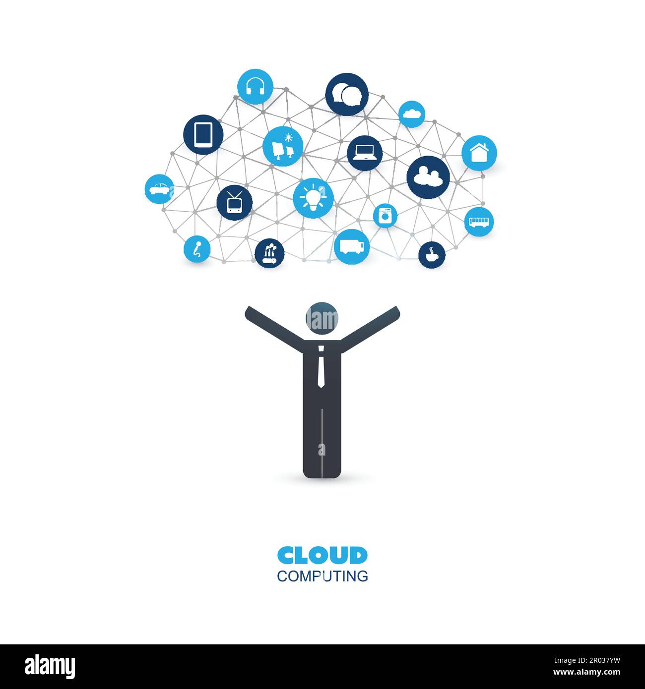 Cloud Computing Design Concept with a Standing Business Man and Icons - Digital Network ...