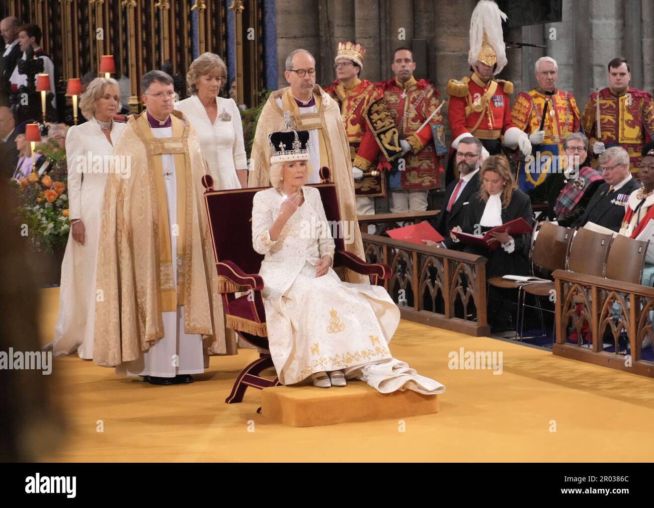 Queen Camilla is crowned with Queen Mary's Crown during her coronation ...