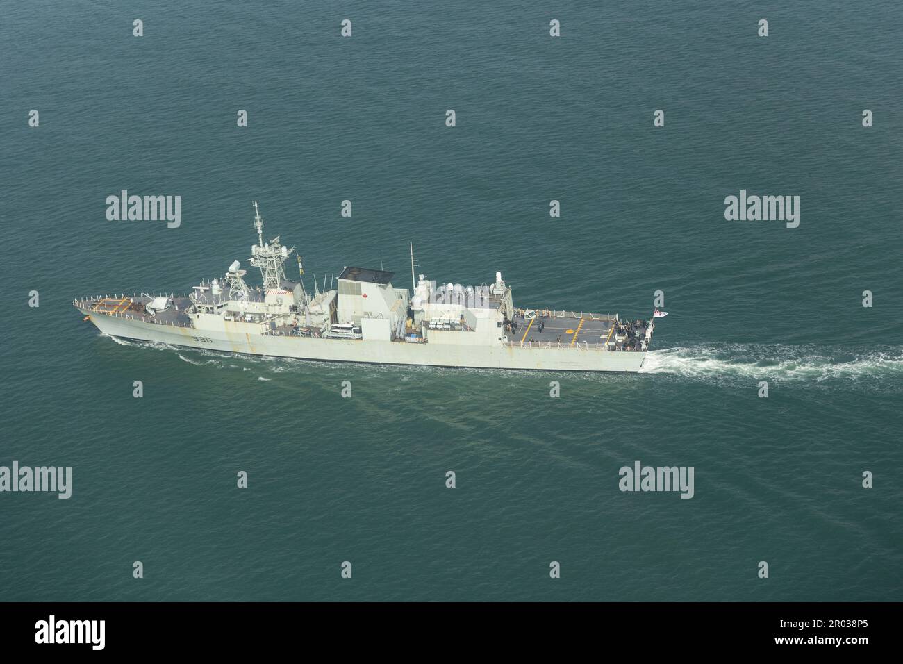 April 8, 2023 Lisbon, Portugal: Canadian frigate at sea from a bird's ...