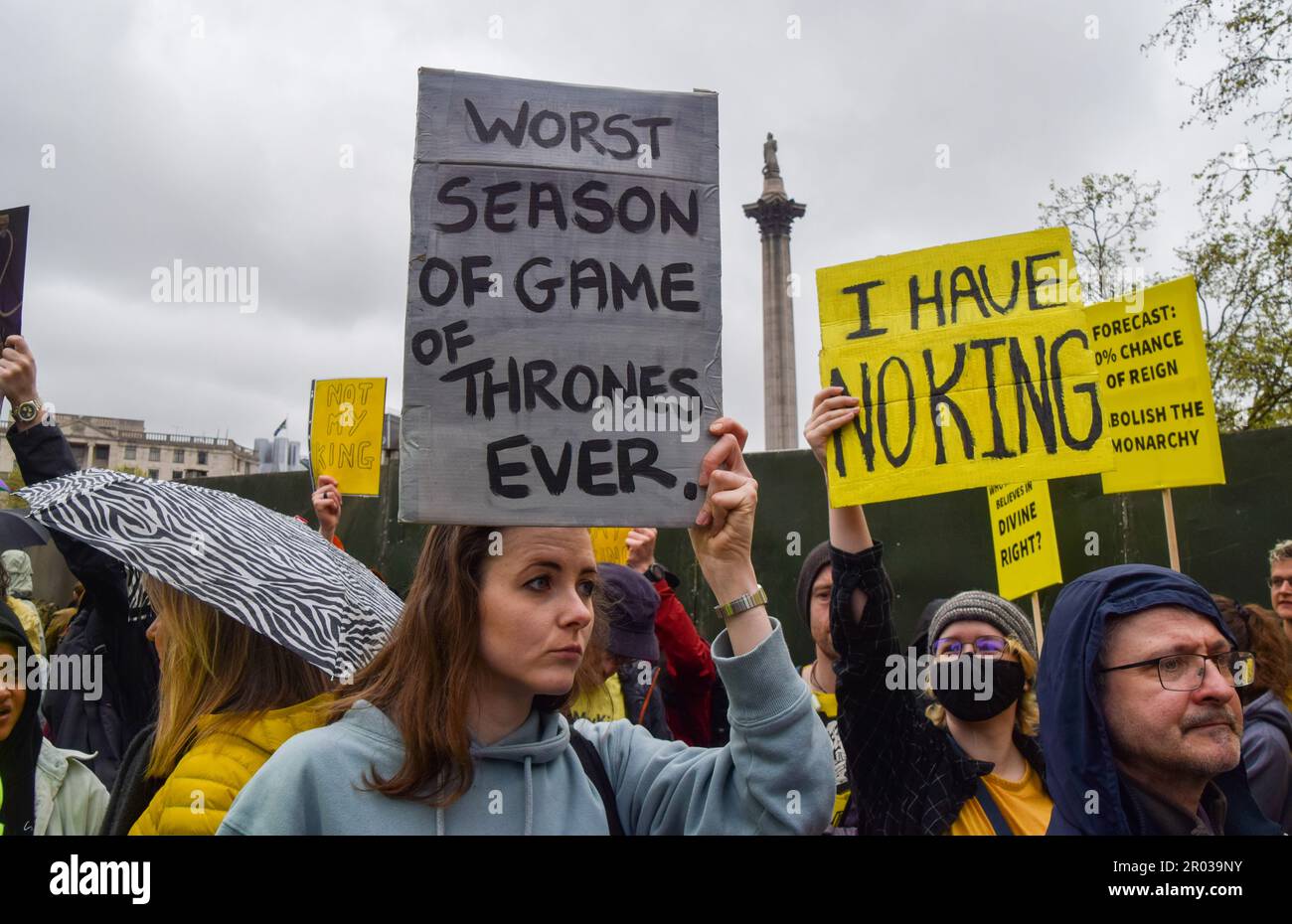 London, UK. 6th May 2023. Anti-monarchists stage a protest in Trafalgar ...