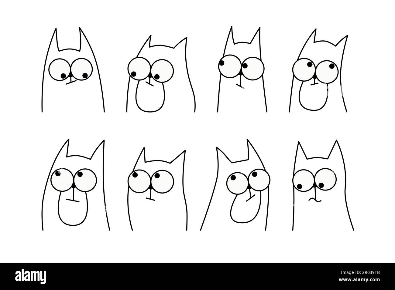 Cute cartoon comic doodle cats with big eyes set. Hand drawn monochrome ...