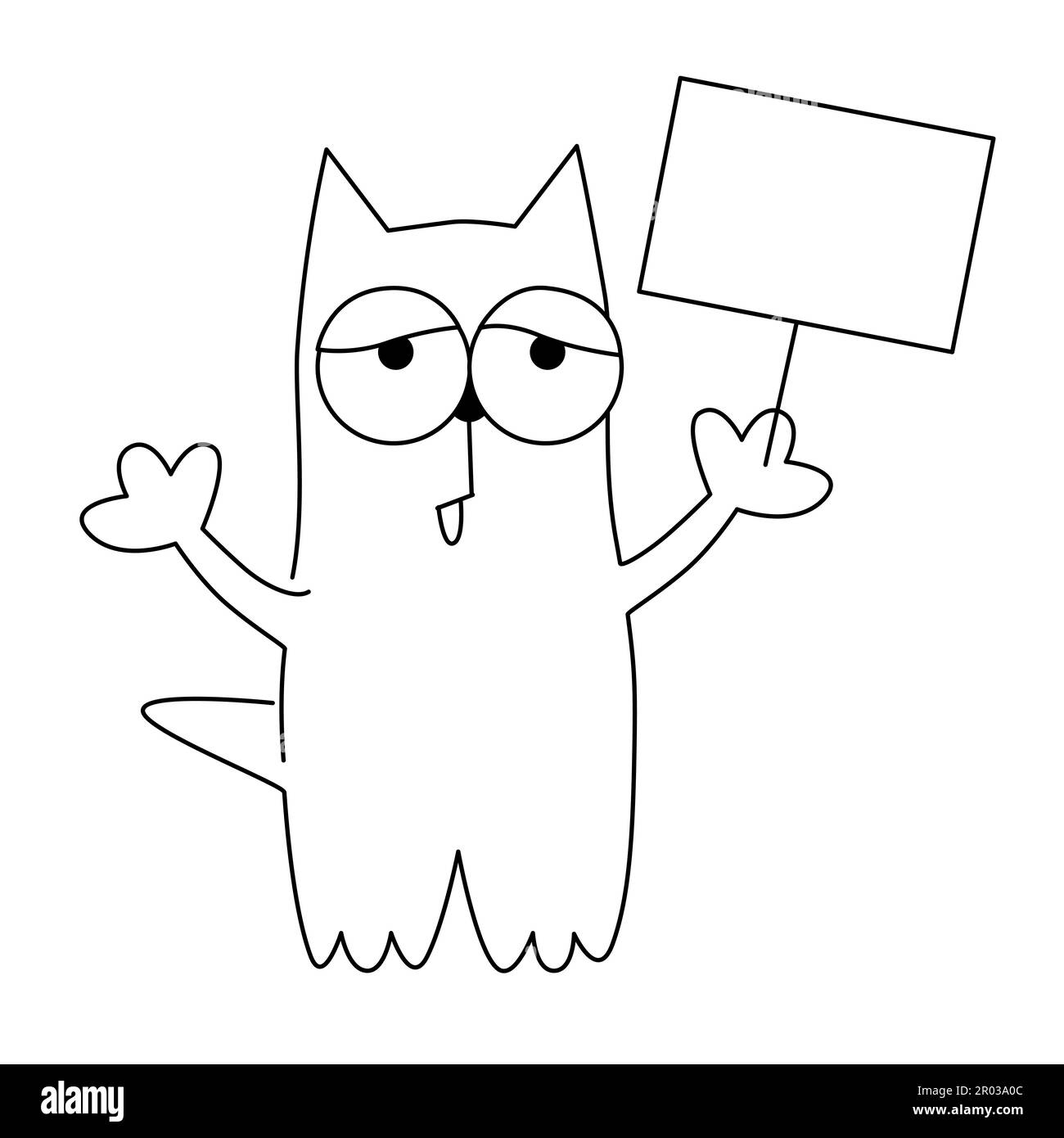 Comic cat with big eyes and funny muzzle standing and holding placard ...
