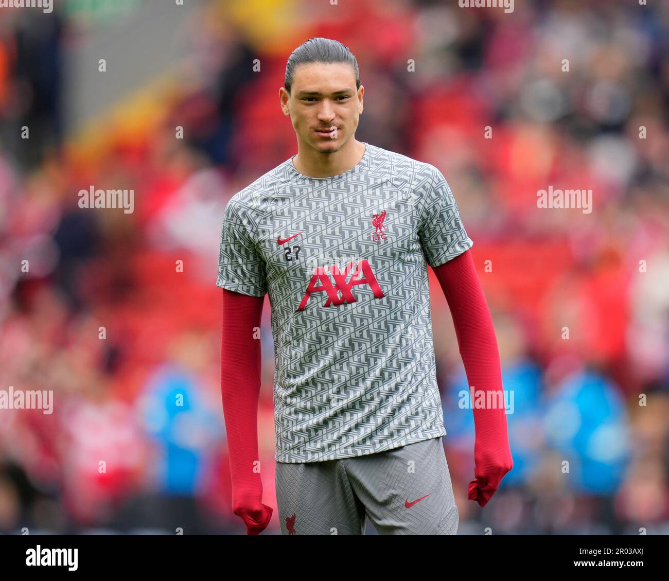 Darwin Núñez #27 of Liverpool warms up before the Premier League match ...
