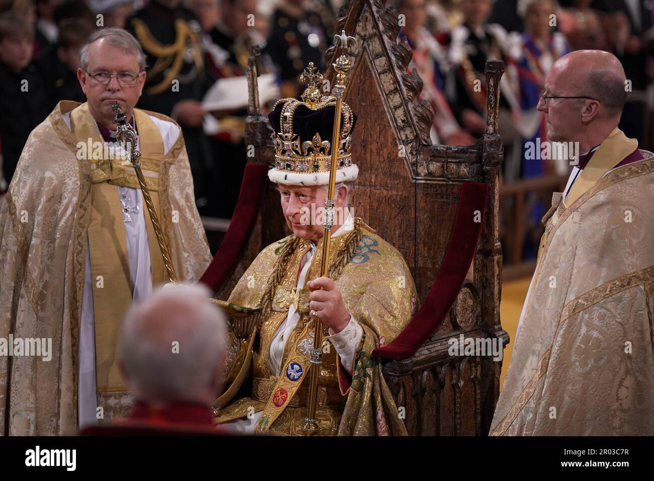 King Charles III is crowned with St Edward's Crown during his ...