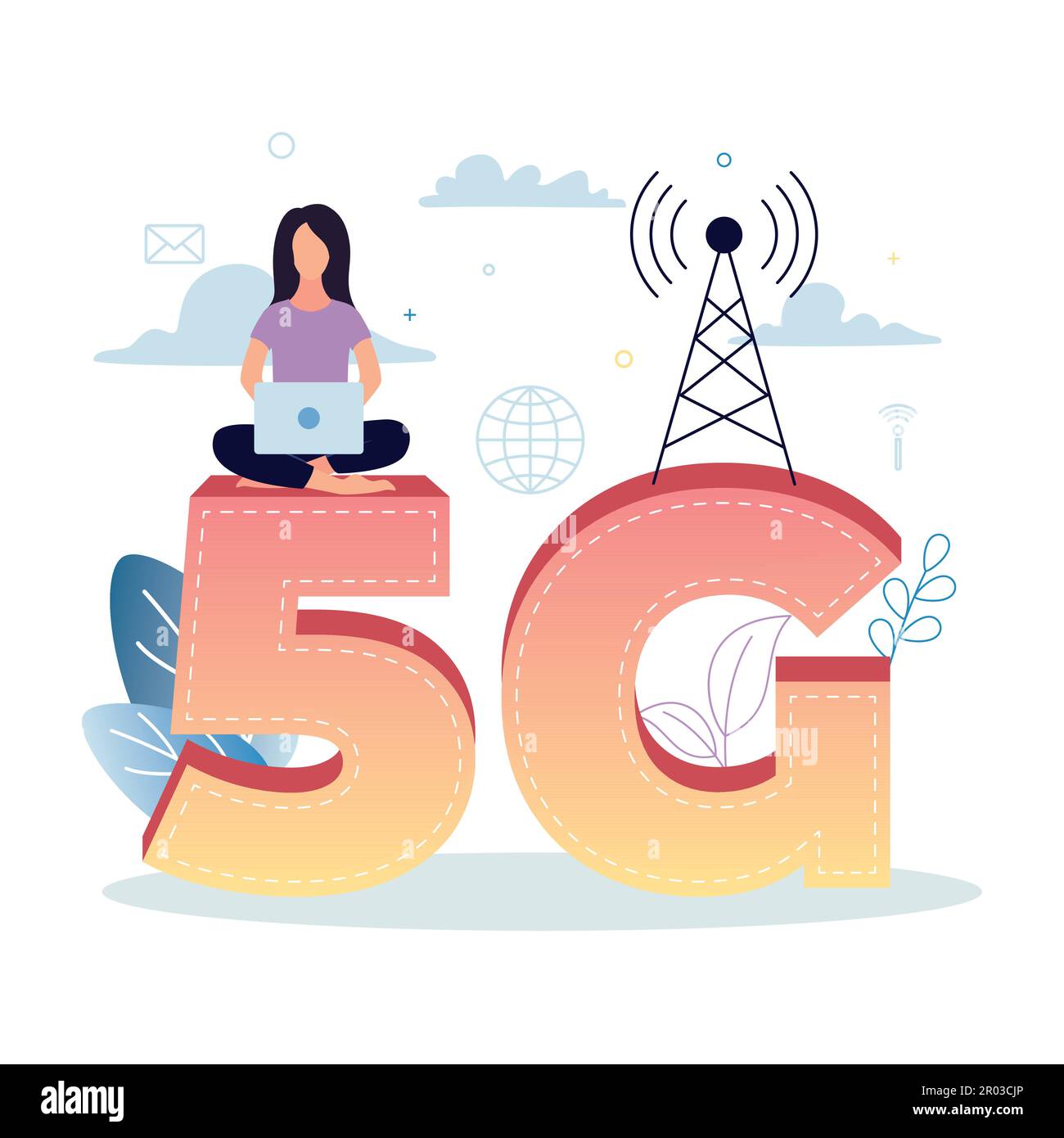 5G mobile internet. A woman with a laptop sits on 5G, against the ...