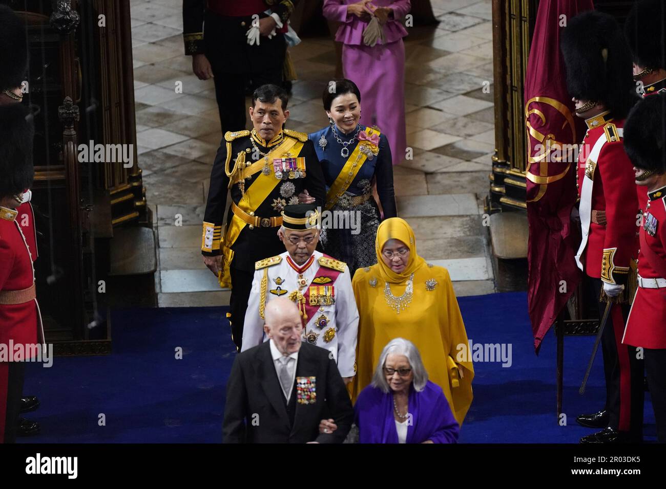 Thailand's King Vajiralongkorn and Queen Suthida of Thailand, rear, and Malaysia's King Sultan ...