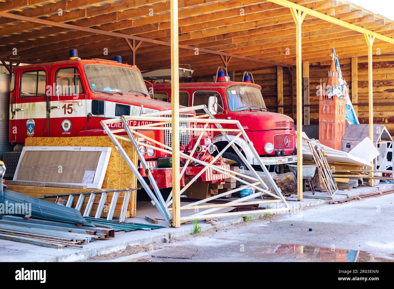 Old fire station with fire trucks. Kaliningrad region, Russia - May 26 ...