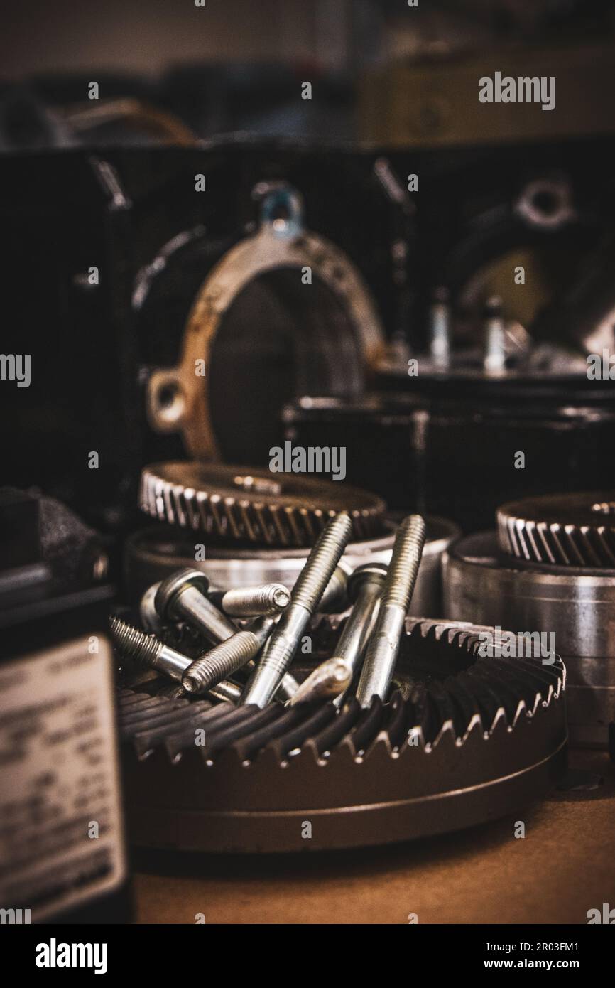 Close-up of various engineering components used in the production of ...