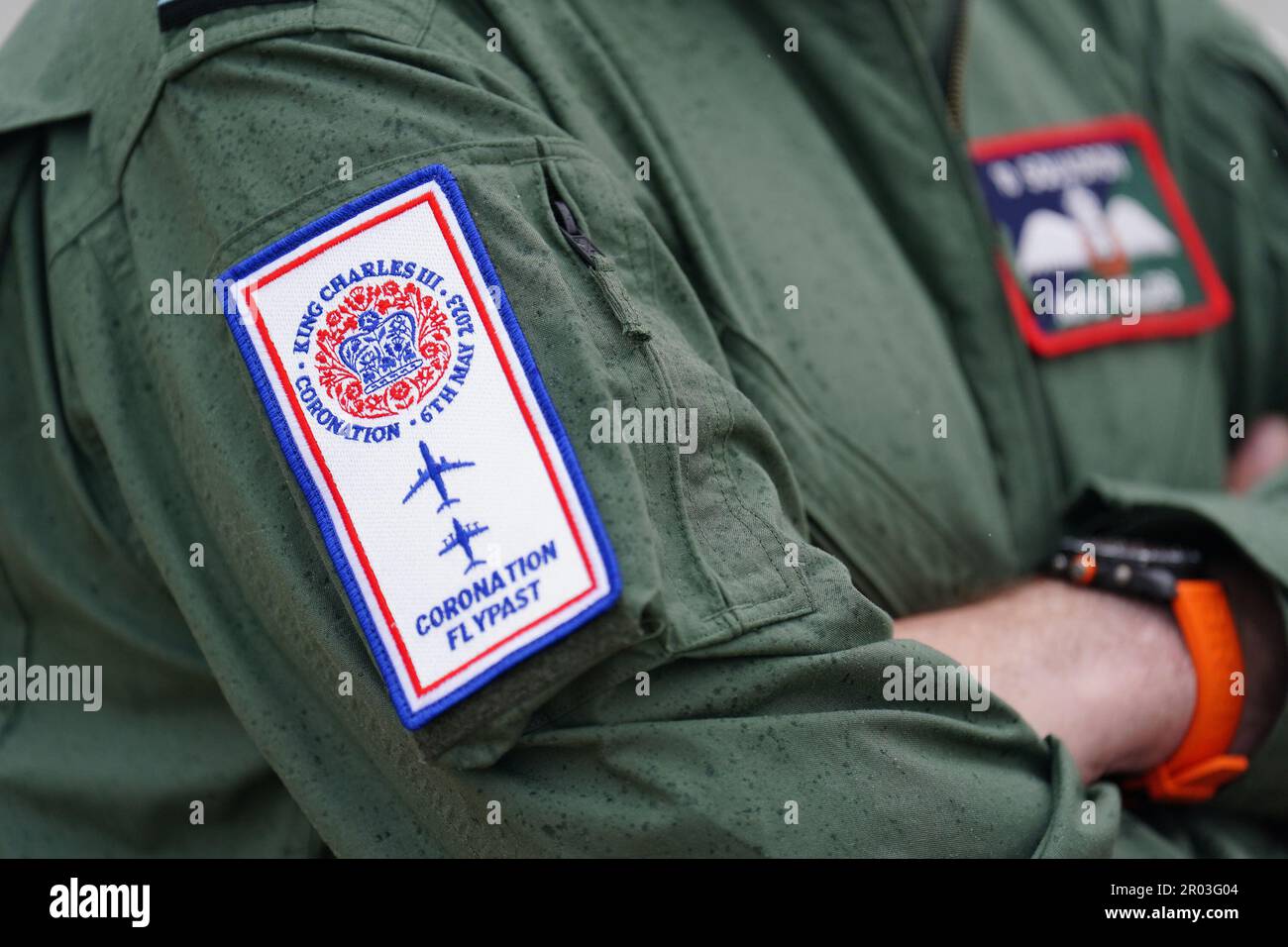 A commemorative patch on the uniform of Squadron leader Mike Willers ...