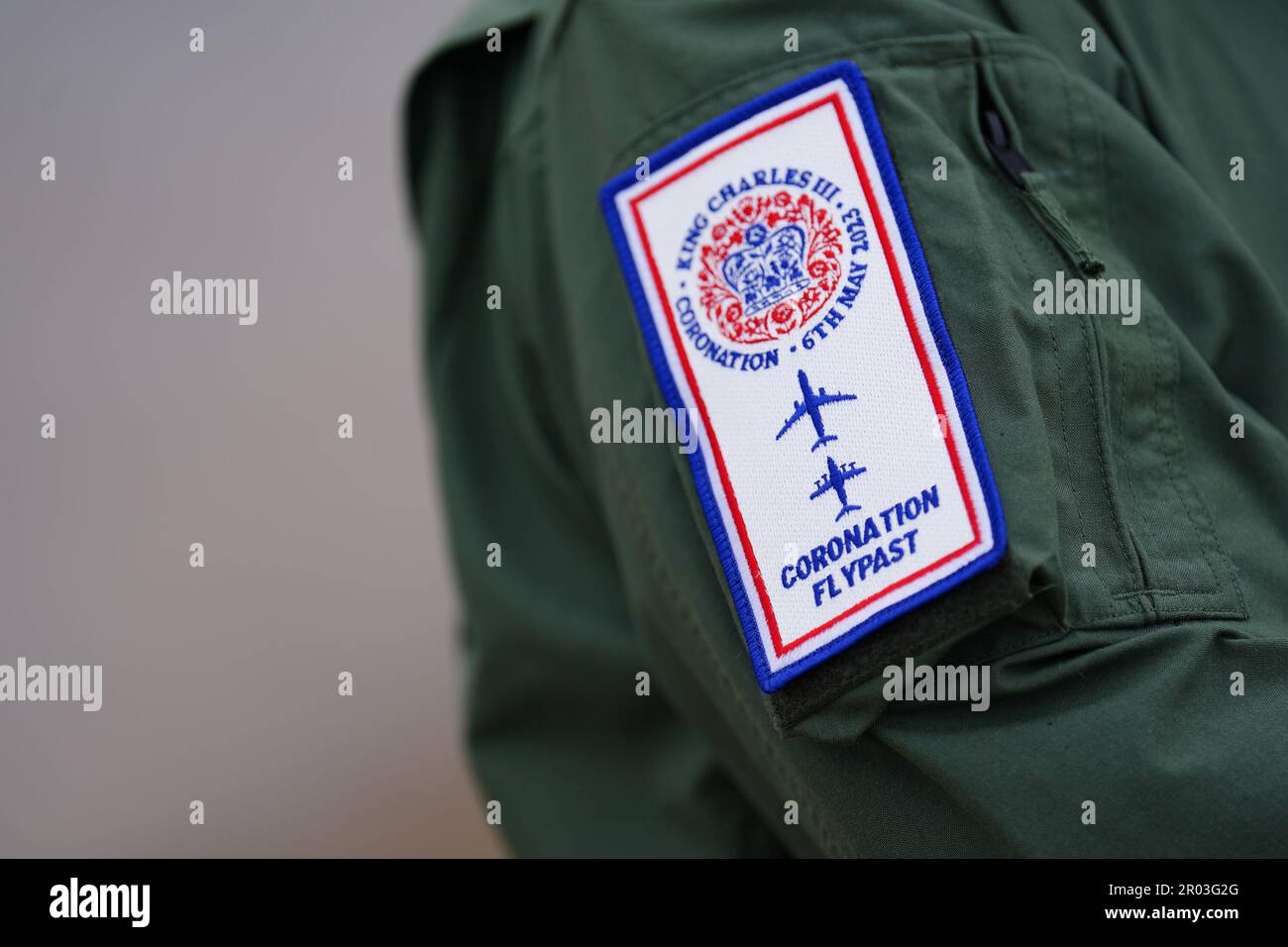 A commemorative patch on the uniform of Squadron leader Mike Willers ...