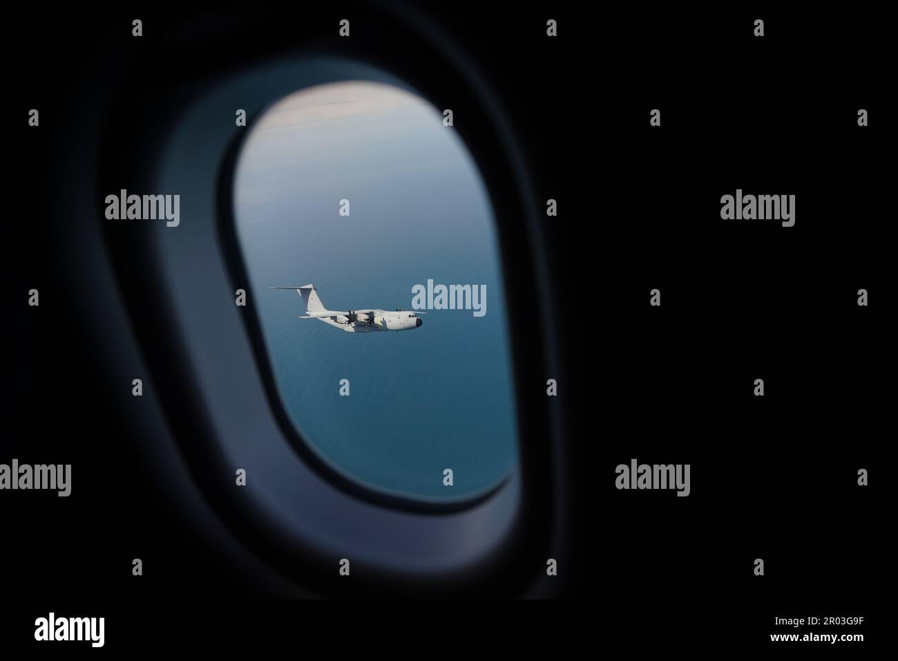 A view from inside an Royal Air Force (RAF) Voyager of an RAF A400M ...