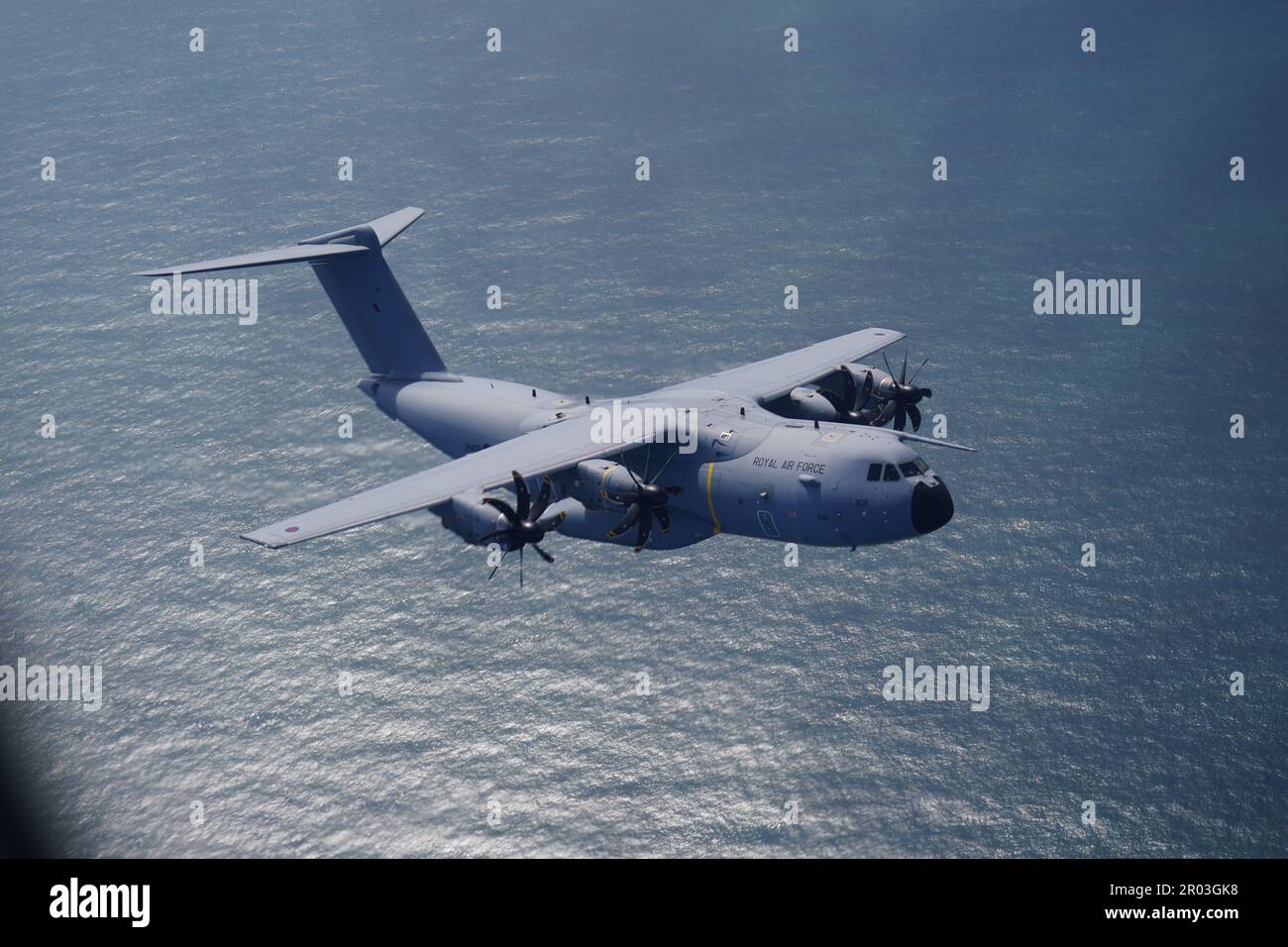 A Royal Air Force A400M Atlas aircraft, flying out of RAF Brize Norton ...