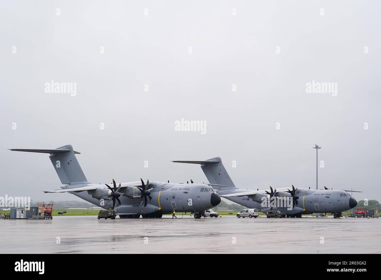 Royal Air Force A400M Atlas aircraft, sit on the tarmac at RAF Brize ...