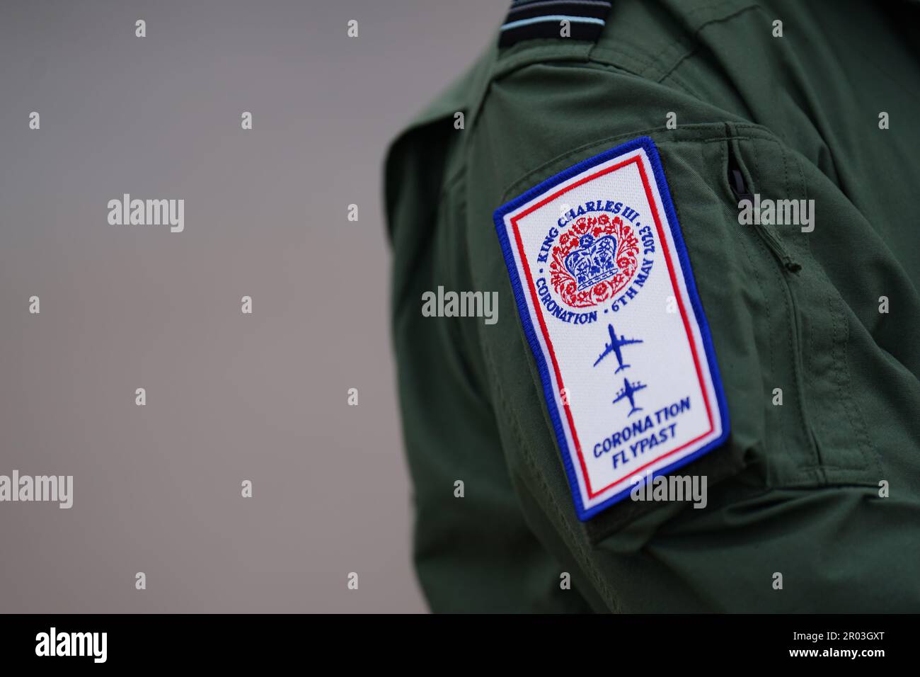 A commemorative patch on the uniform of Squadron leader Mike Willers ...