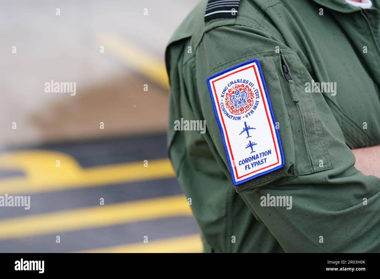 A commemorative patch on the uniform of Squadron leader Mike Willers ...