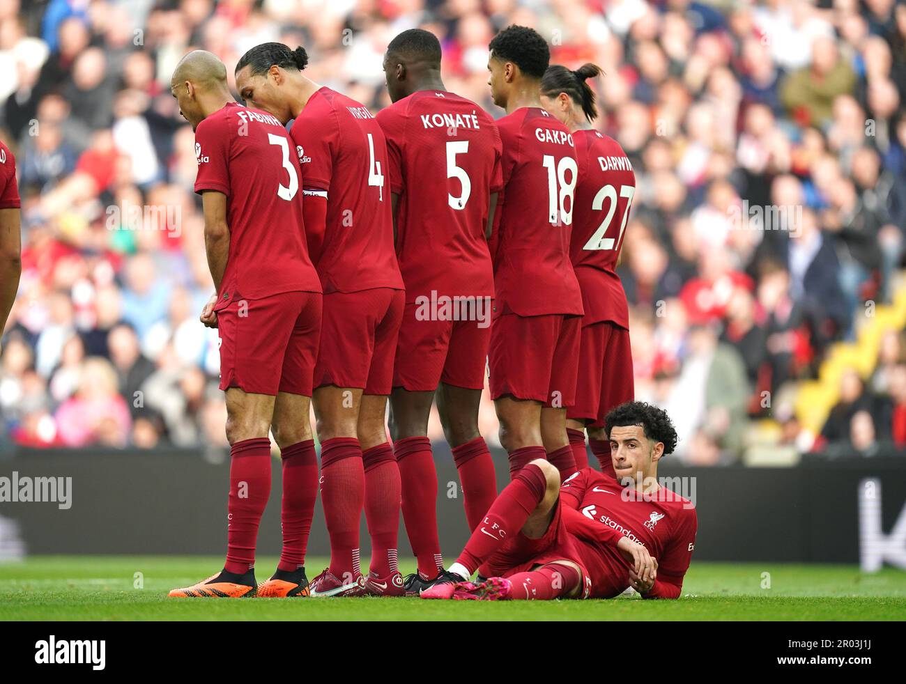 Liverpool's Curtis Jones on the floor ahead of a free-kick during the ...